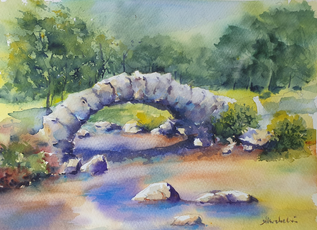 Stone Bridge Original Watercolor, River Landscape Painting, Old Stone ...
