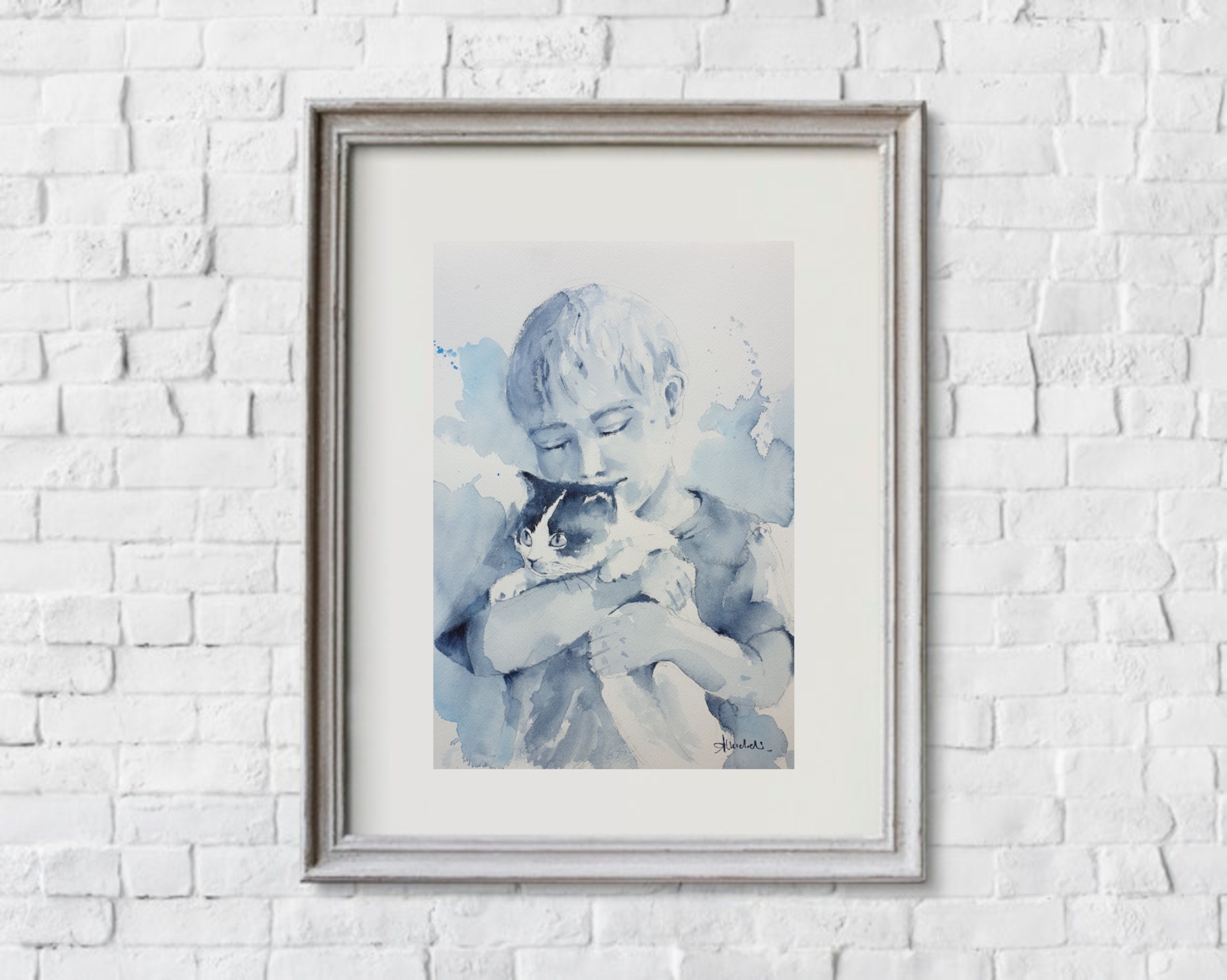 Little Boy With Kitten Original Watercolor, Child and Cat Painting ...