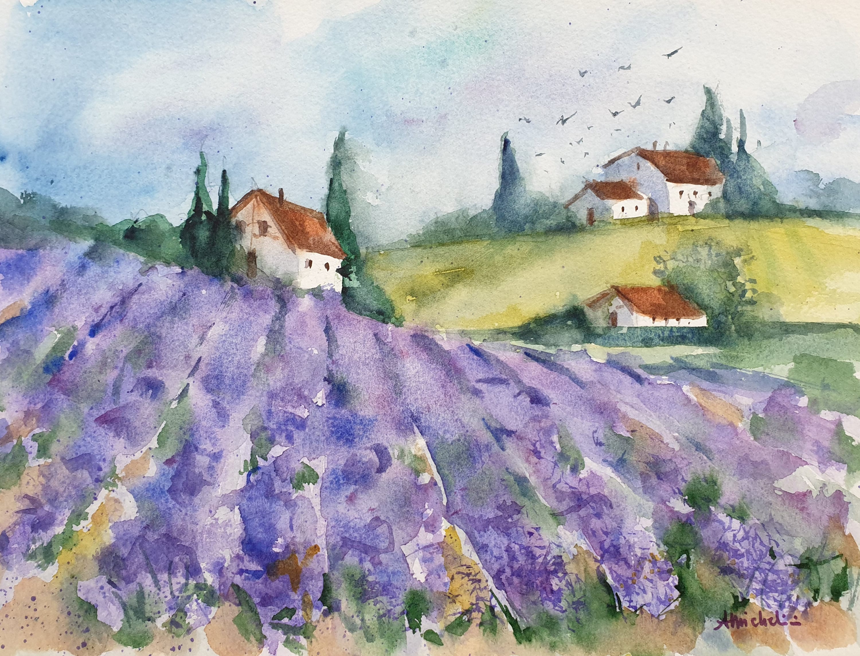 Lavender Field Original Watercolor Painting Lavender - Etsy