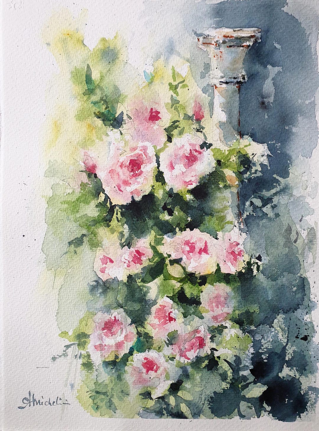 Garden Climbing Roses Original Watercolor Pink Wild Roses Painting ...