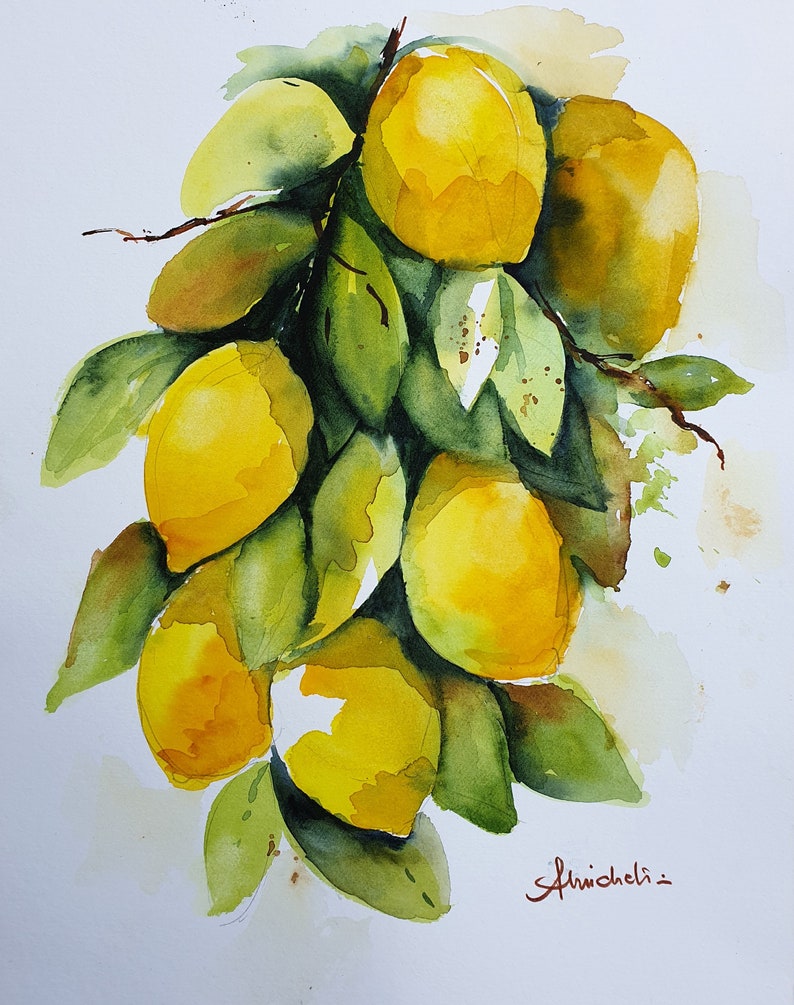 Lemons Original Watercolor, Lemon Tree Branch Painting, Lemons Kitchen ...
