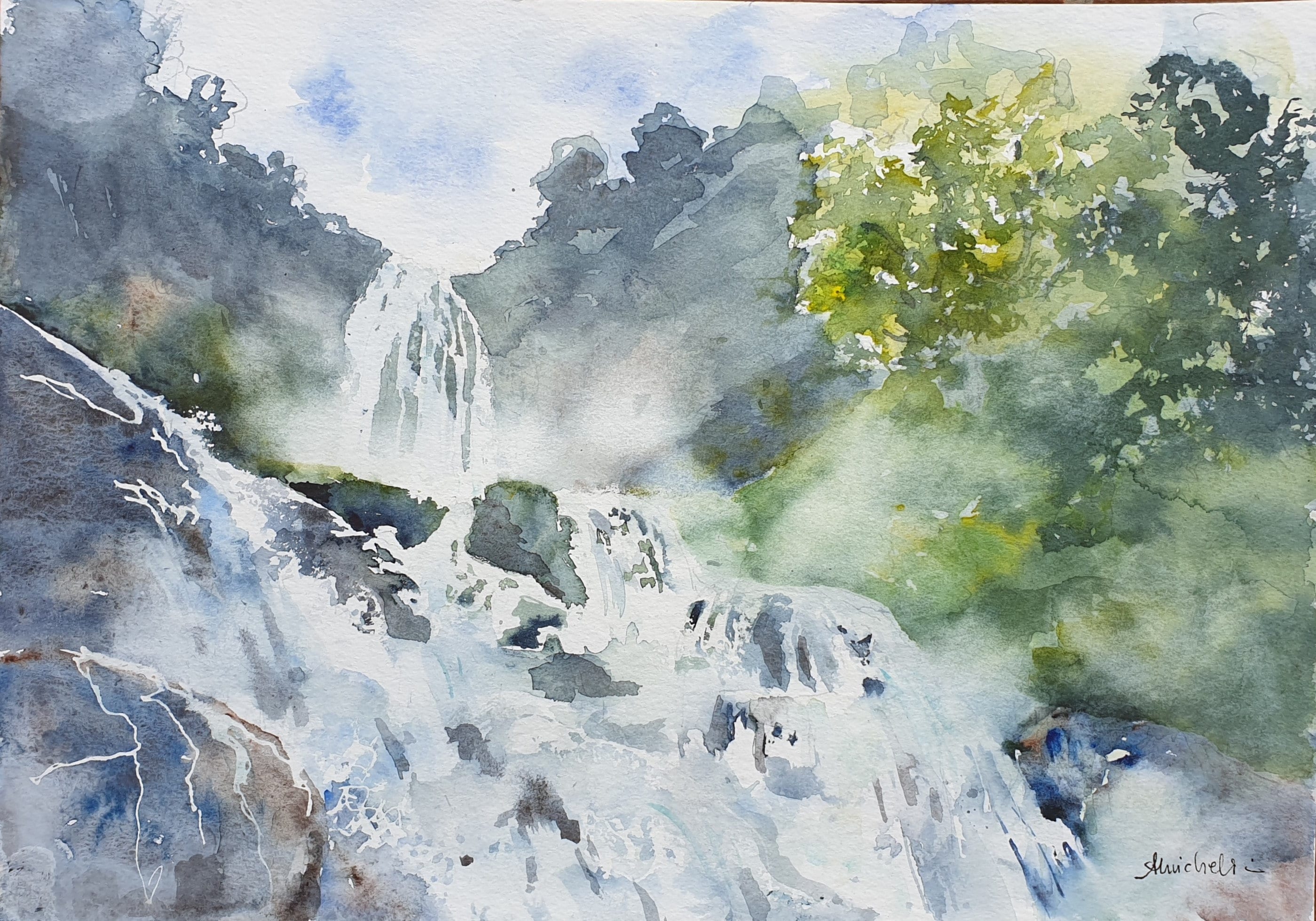 Waterfall Watercolor Painting Waterfall Home Decor Cascade - Etsy