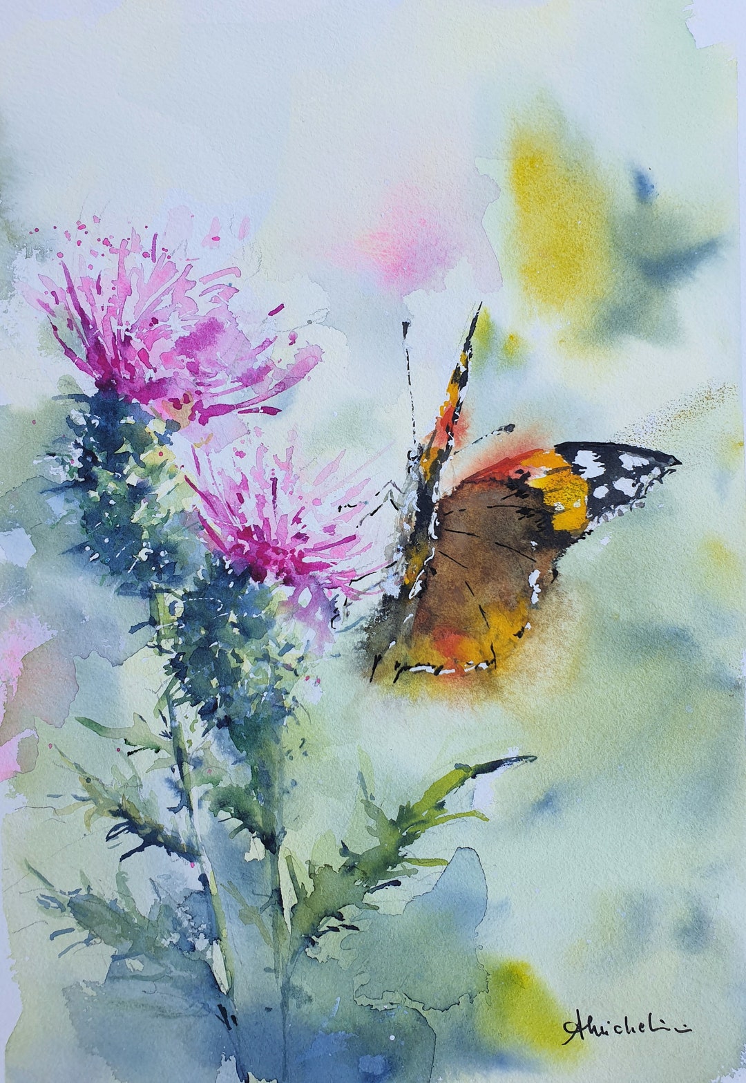 Butterfly on Thistle Original Watercolor, Thistle Flowers Paintings ...