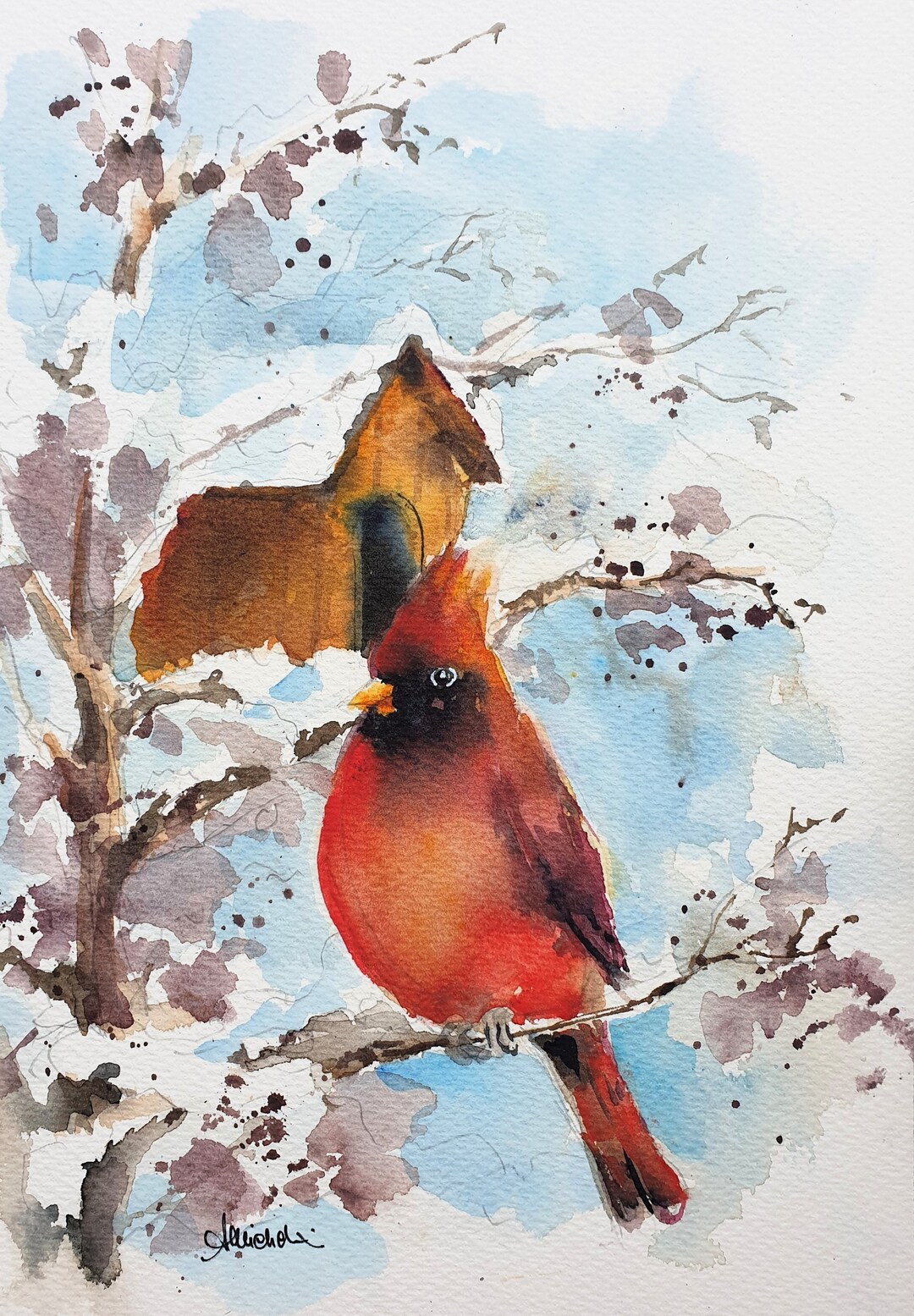 Red Cardinal Bird on Snow Original Watercolor, Cardinal Bird Painting ...