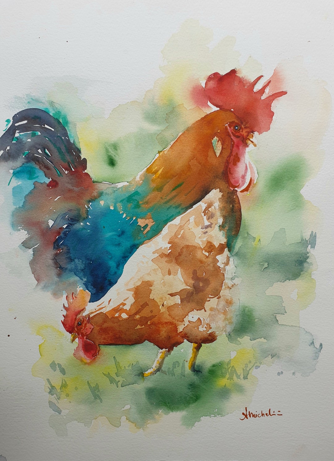 Hen and Rooster Original Watercolor, Chickens Original Painting ...