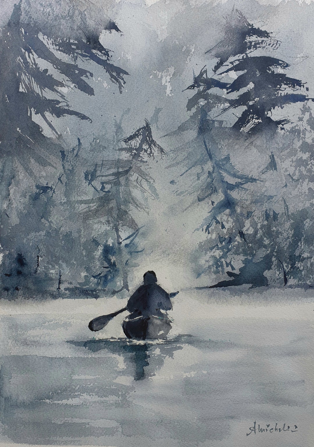 Lonely Rowboat Original Watercolor Rowing Boat in Misty River Painting ...