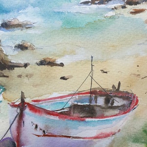 Boats Seascape Original Watercolor, Coastal Landscape Painting ...