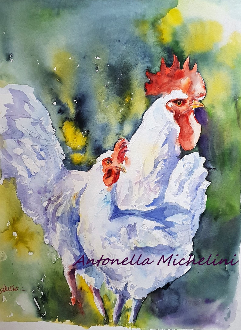 Hen and Rooster Watercolor Painting, Chickens Home Decor, Rooster ...