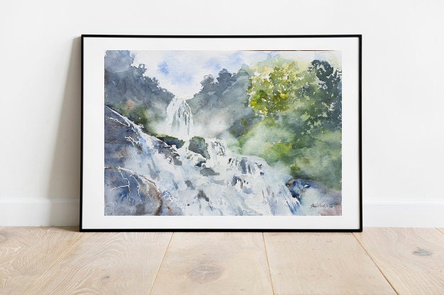 Waterfall Watercolor Painting Waterfall Home Decor Cascade - Etsy
