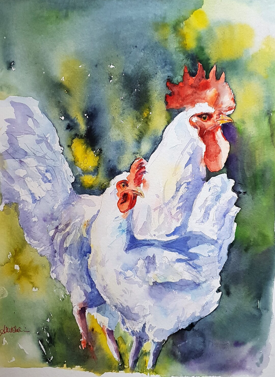 Hen and Rooster Watercolor Painting, Chickens Home Decor, Rooster ...