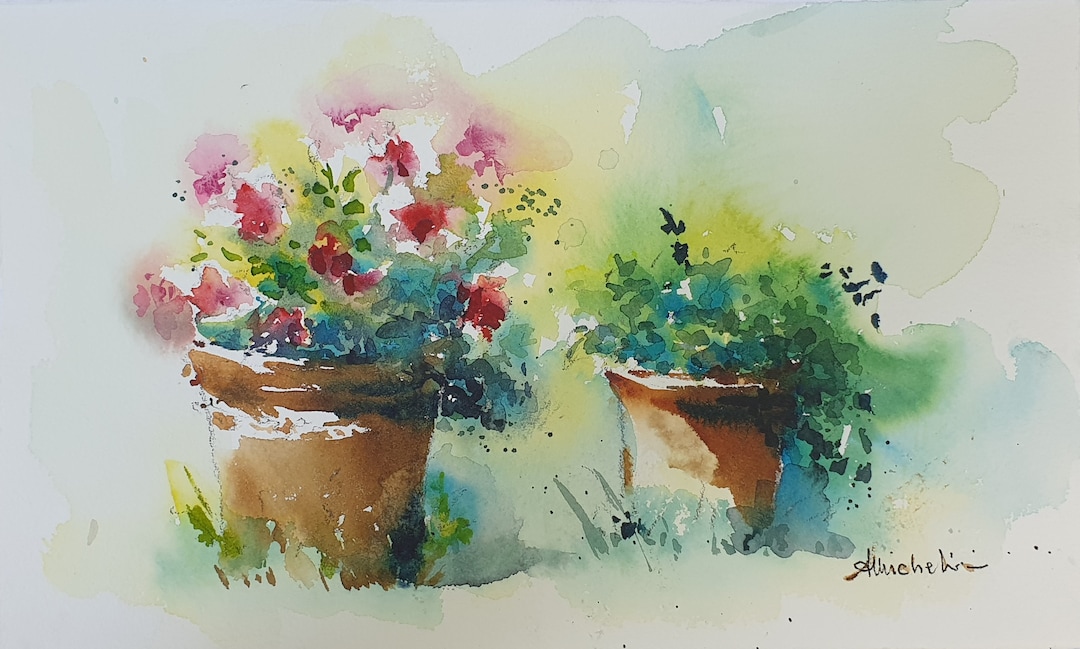 Garden Pots Original Watercolor, Flowers Pot Painting, Watercolor ...
