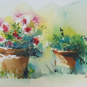 Garden Pots Original Watercolor, Flowers Pot Painting, Watercolor ...