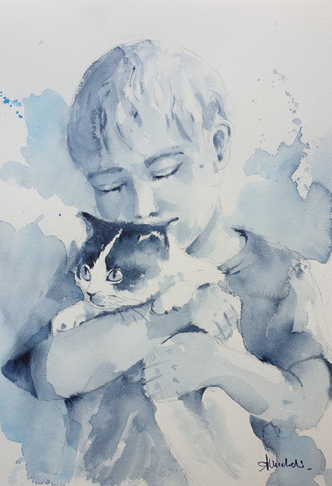 Little Boy With Kitten Original Watercolor, Child and Cat Painting ...