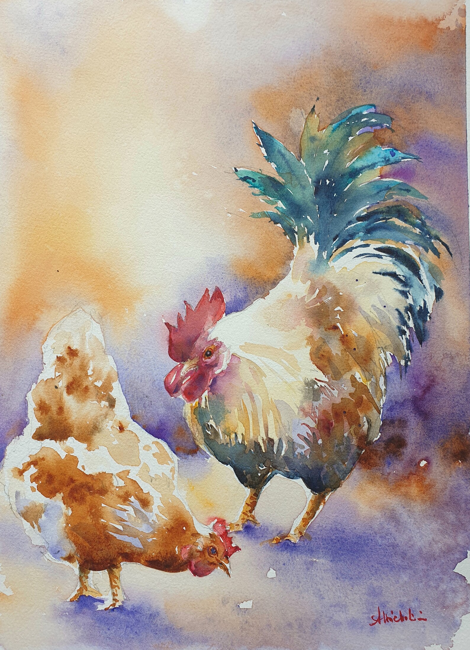 Hen and Rooster Original Watercolor Chickens Watercolor Barnyard ...