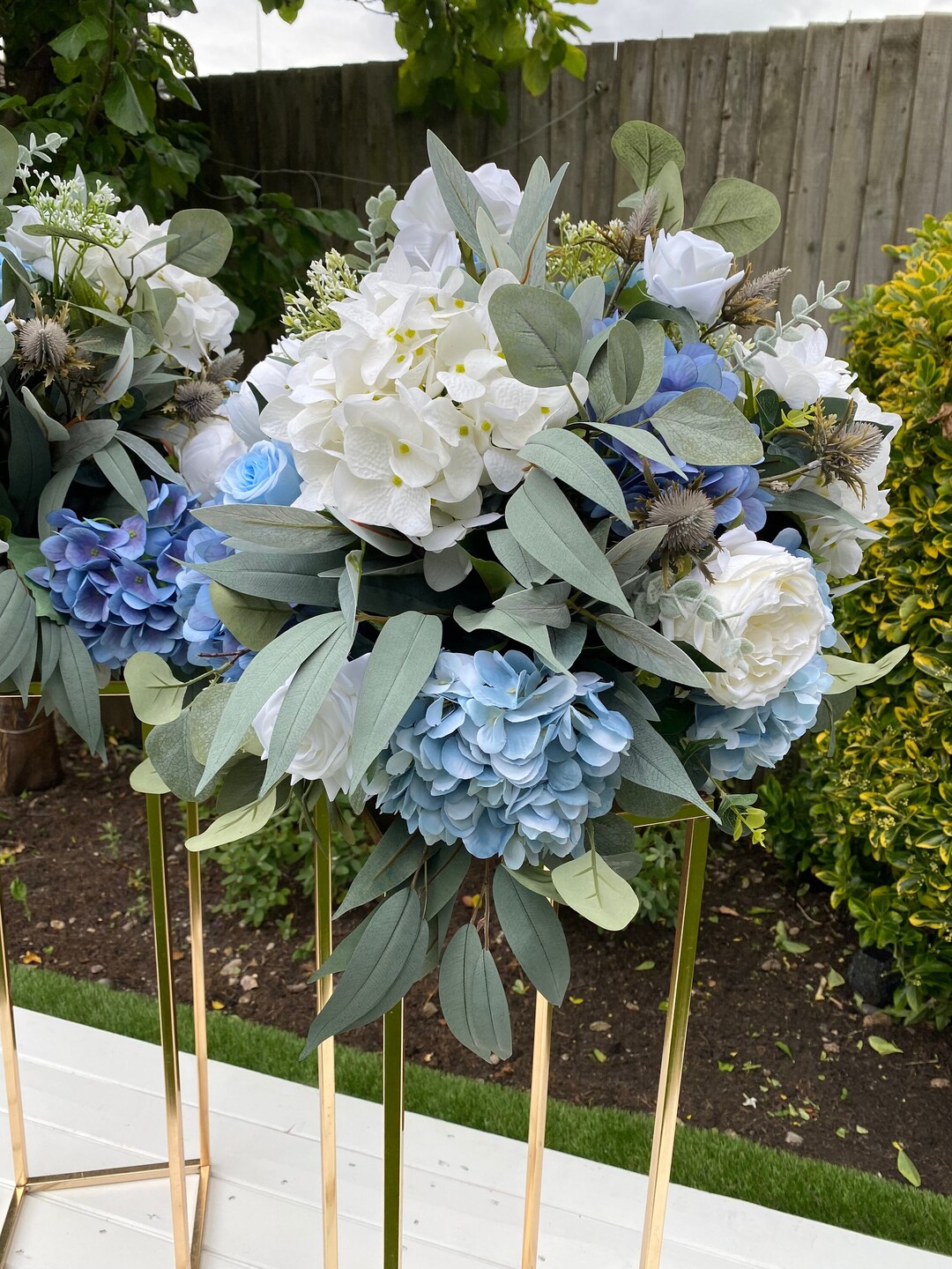 Artificial Dusty Blue Hydrangea Table Centrepiece, White Round Table ...