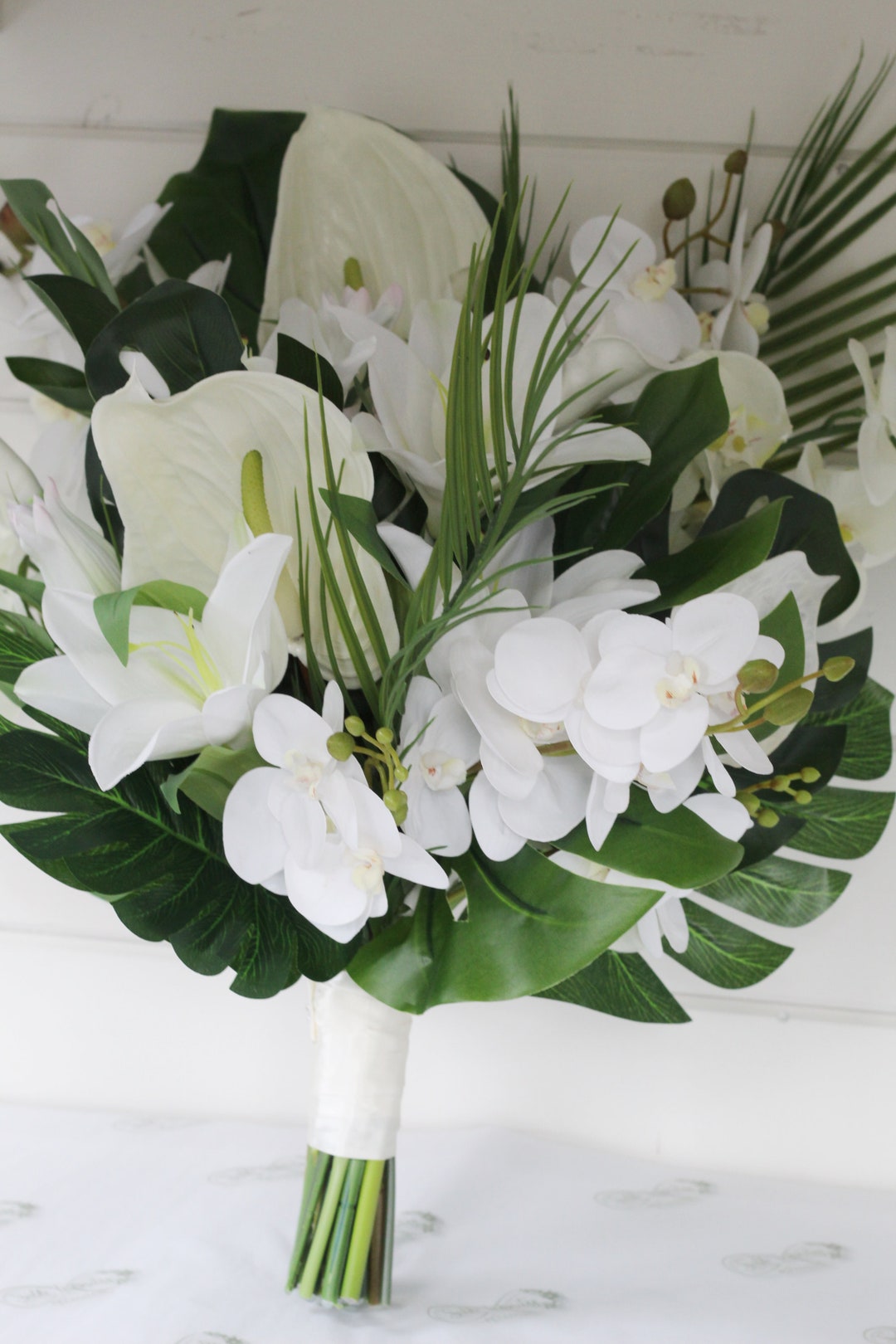 Artificial White Orchid Tropical Bouquet, Lily Wedding Bouquet, Calla ...