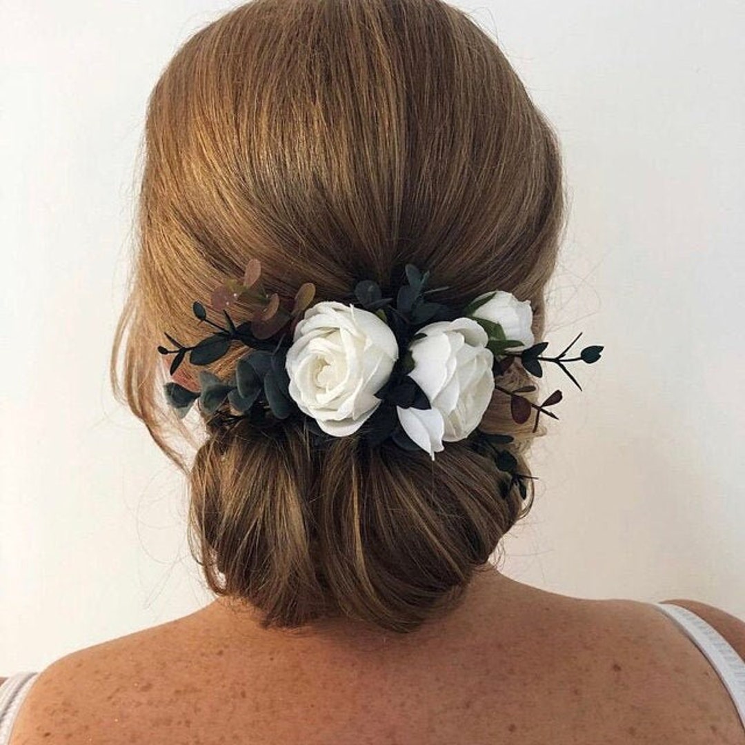 White Rose Hair Comb - Rose Eucalyptus Hair Clip - Bridal Rose Hair ...