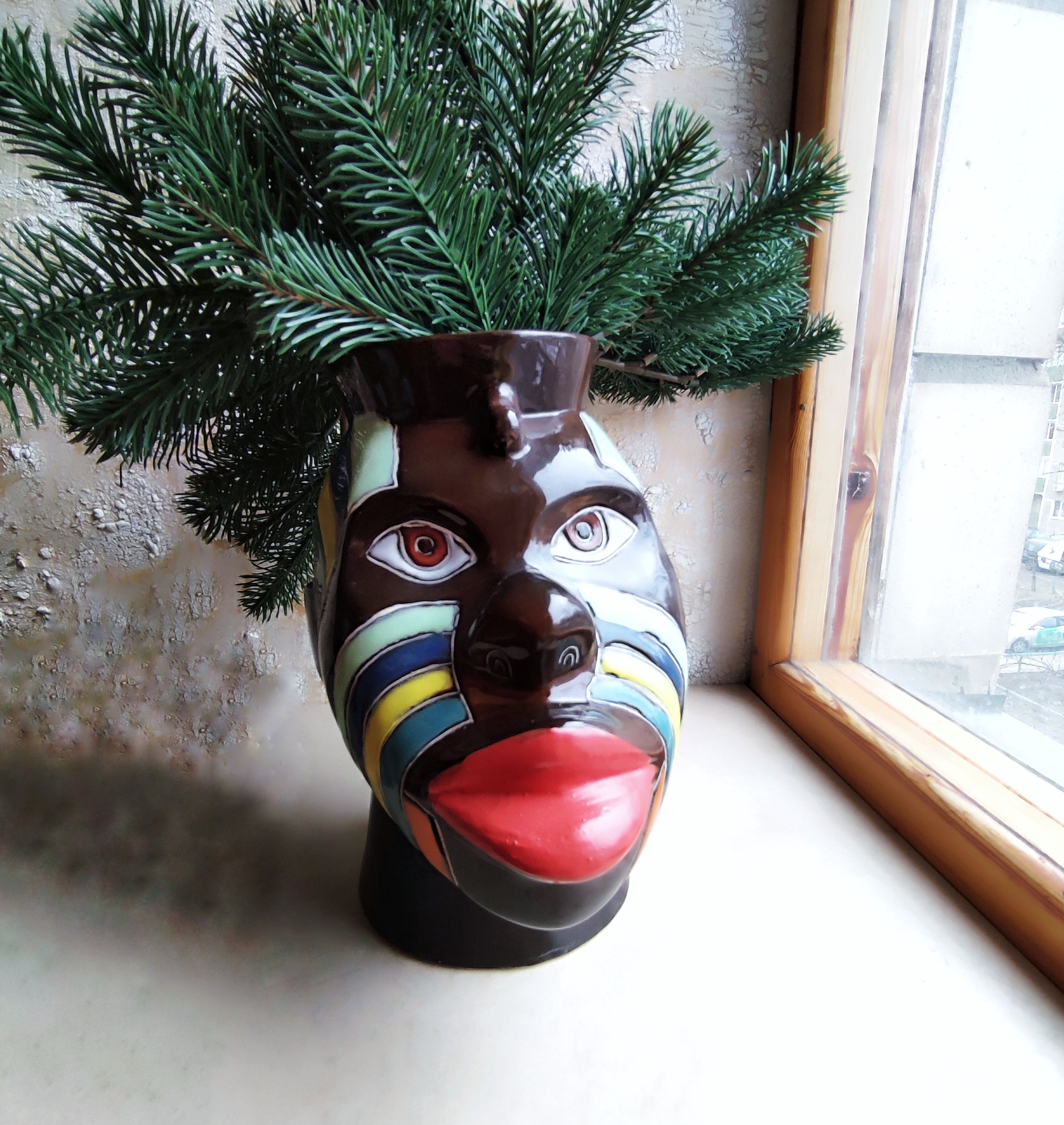 African King Human Face Shaped Flower Pot, Head Vase, Vintage Extra ...
