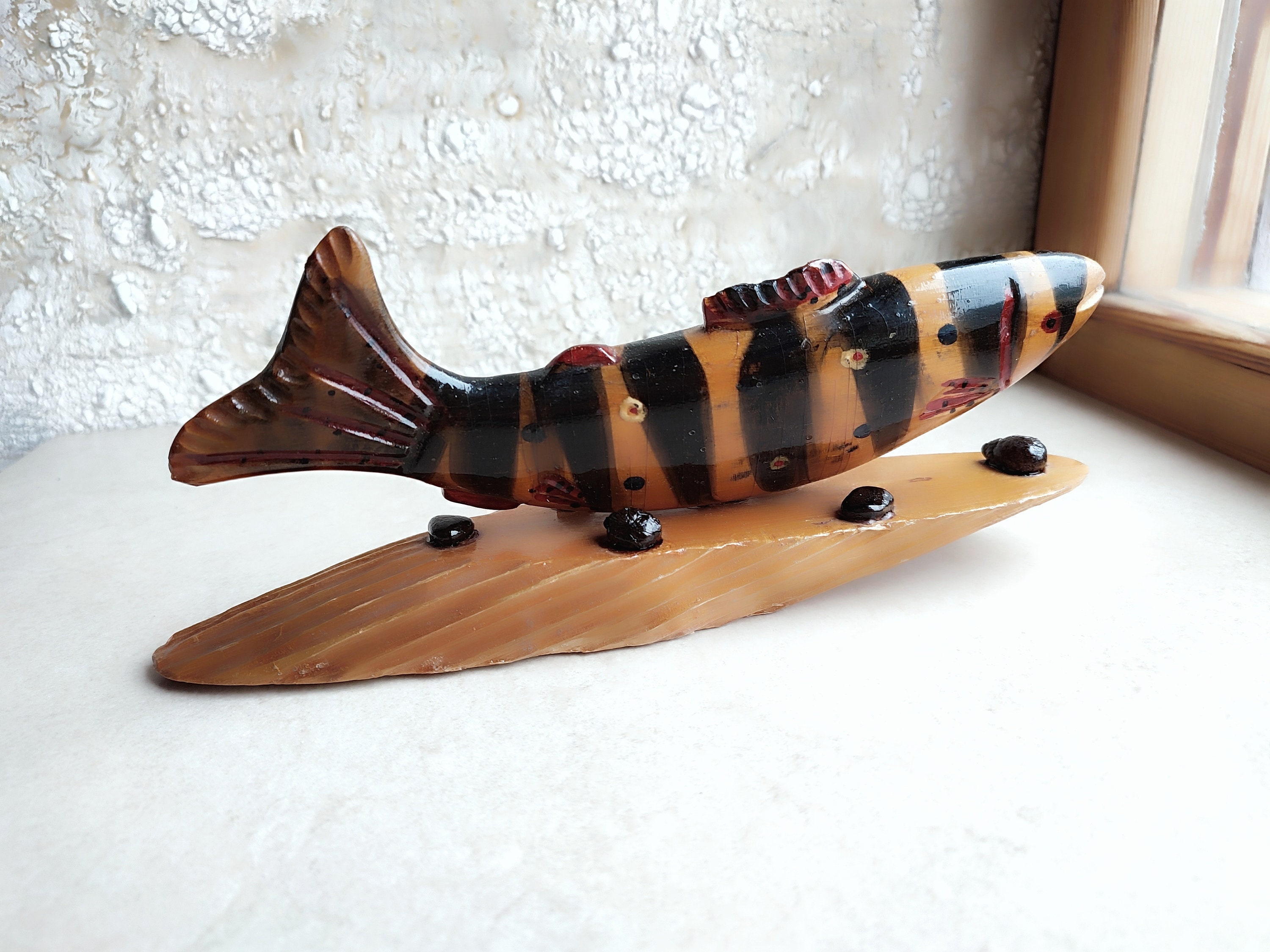 Brown Trout Hand Carved Wood Carving, Ukranian Folk Art Wood Carving ...