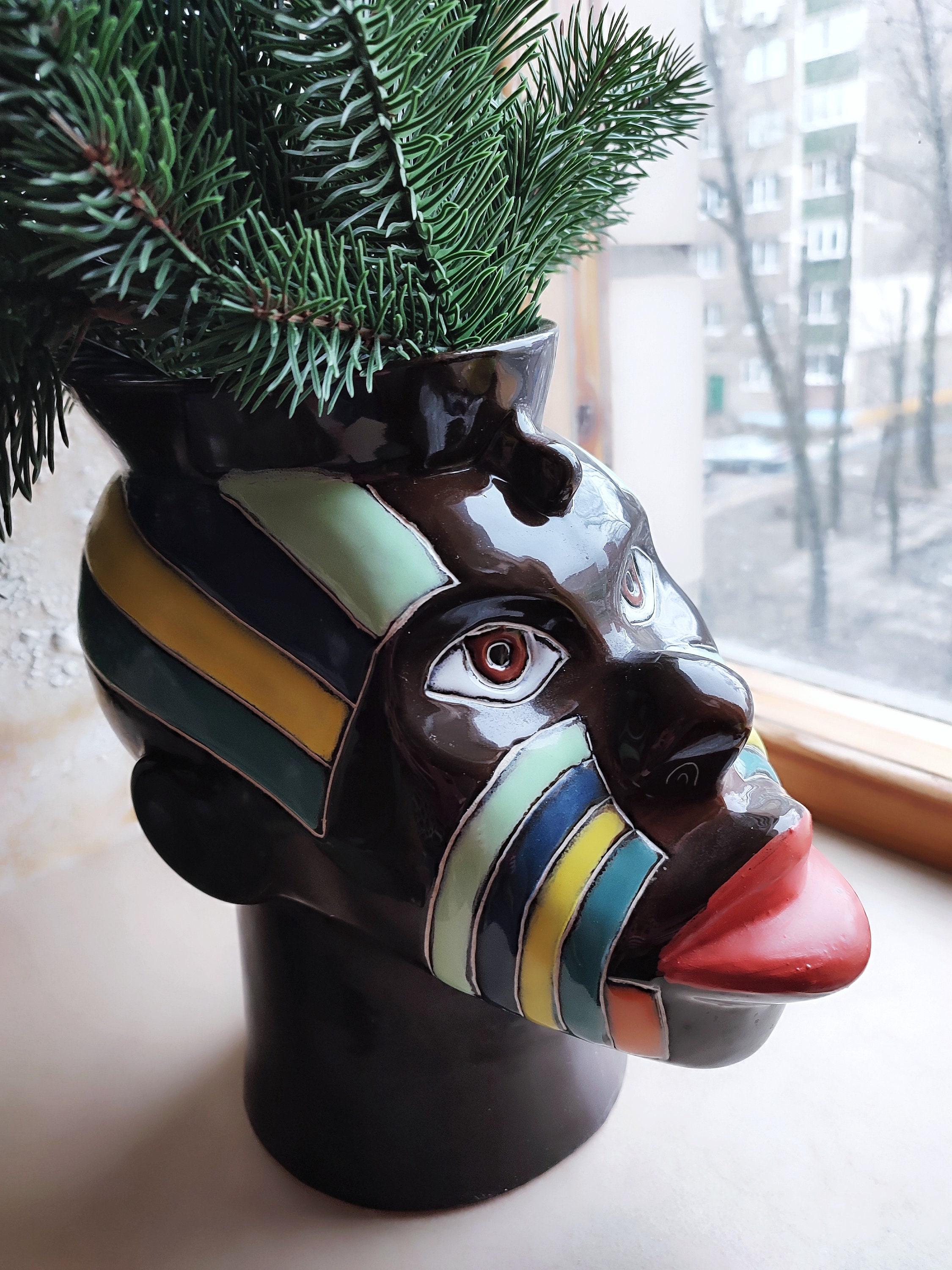 African King Human Face Shaped Flower Pot, Head Vase, Vintage Extra ...