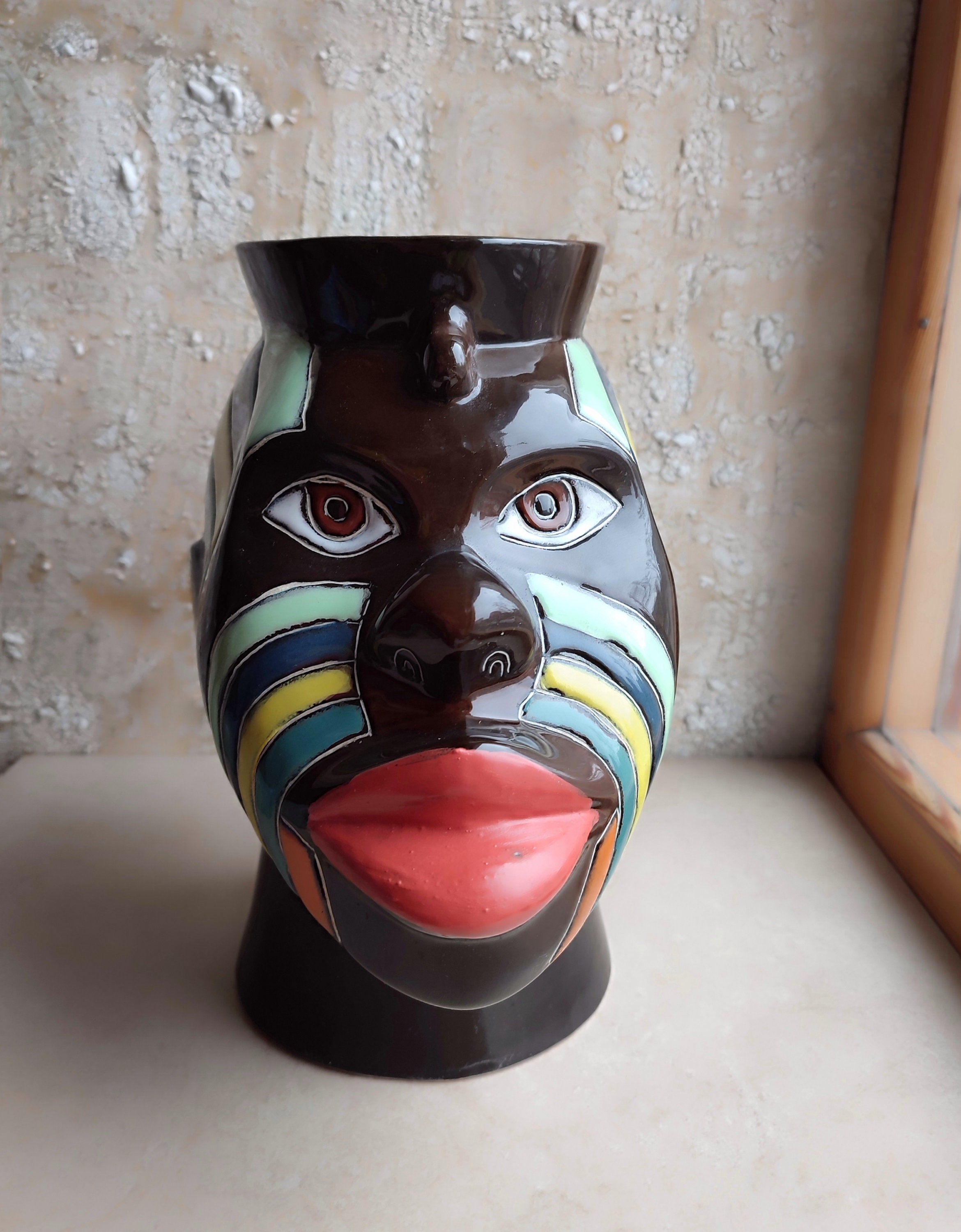 African King Human Face Shaped Flower Pot, Head Vase, Vintage Extra ...