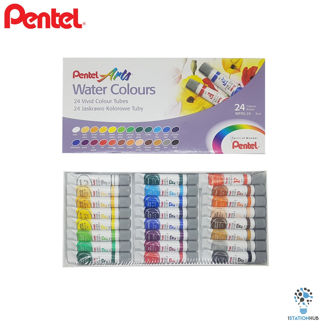 24 Colors Pentel Arts Water Colours Set | Assorted Vivid Watercolor 5ml ...