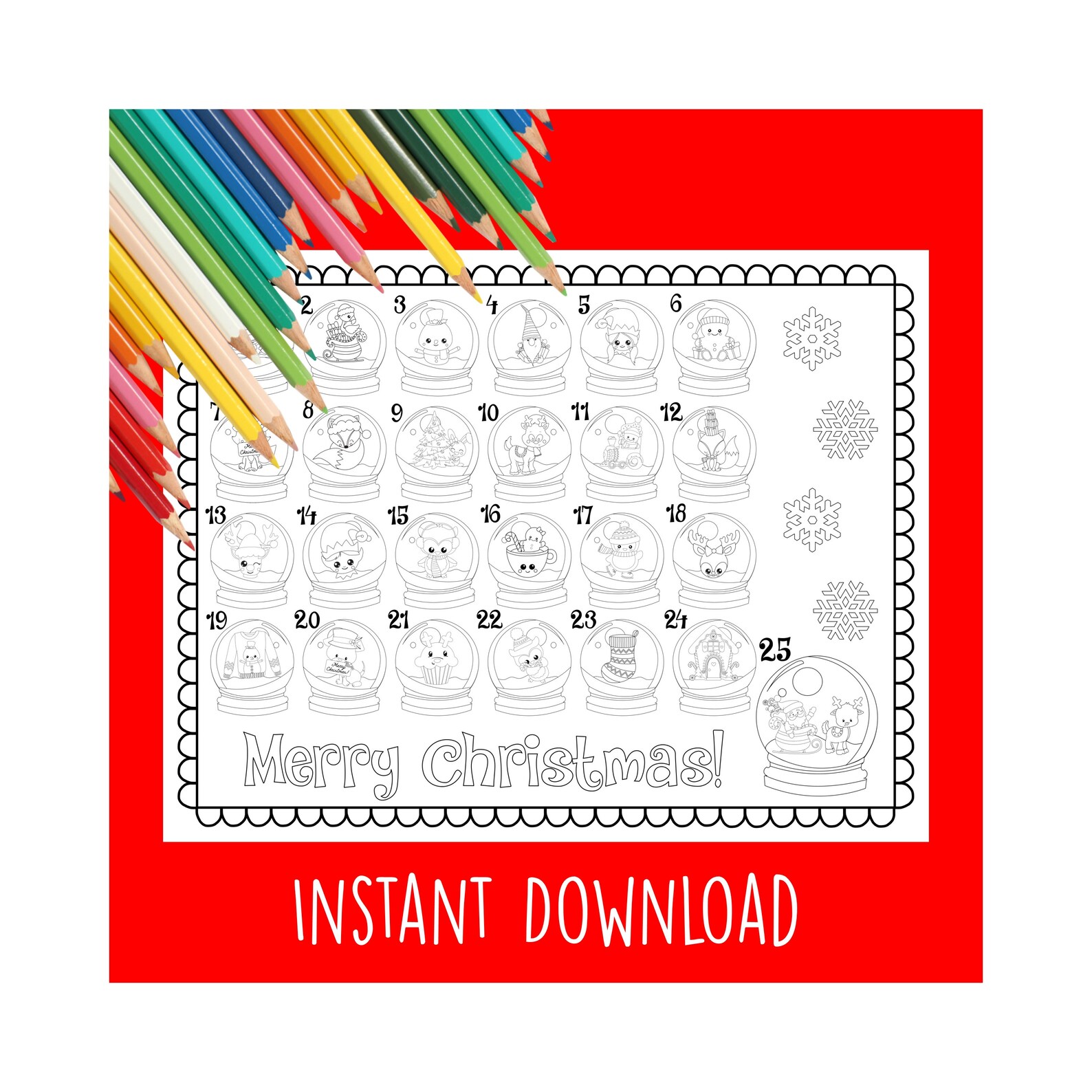 Mini Snow Globe Advent Calendar Coloring Page Bundle, Christmas ...