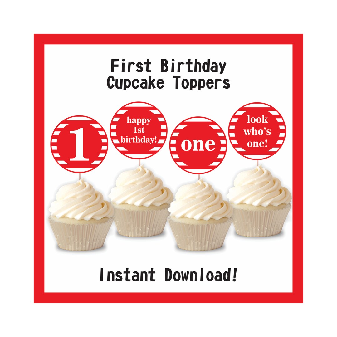 First Birthday Cupcake Toppers, Red Stripes, First Birthday Supplies ...