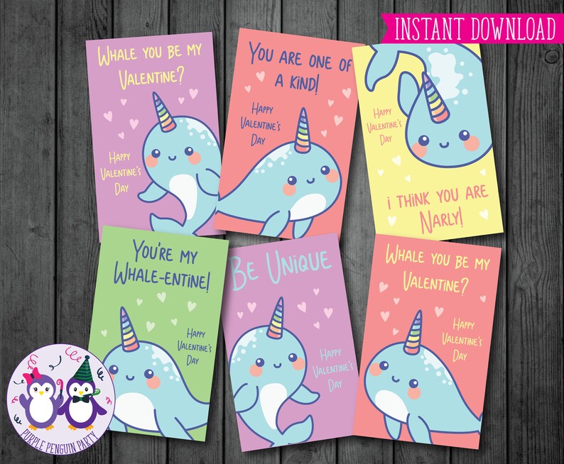Narwhal Valentine's Cards for Kids Cute Whale Unicorn - Etsy