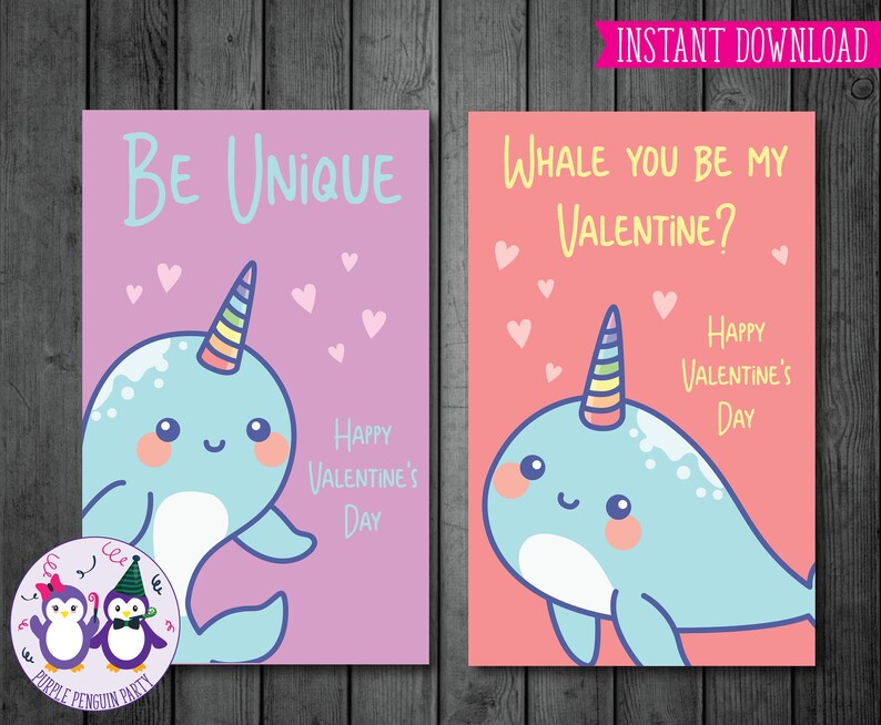 Narwhal Valentine's Cards for Kids Cute Whale Unicorn - Etsy