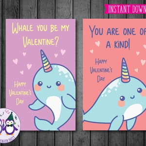 Narwhal Valentine's Cards for Kids Cute Whale Unicorn Valentine's Day ...