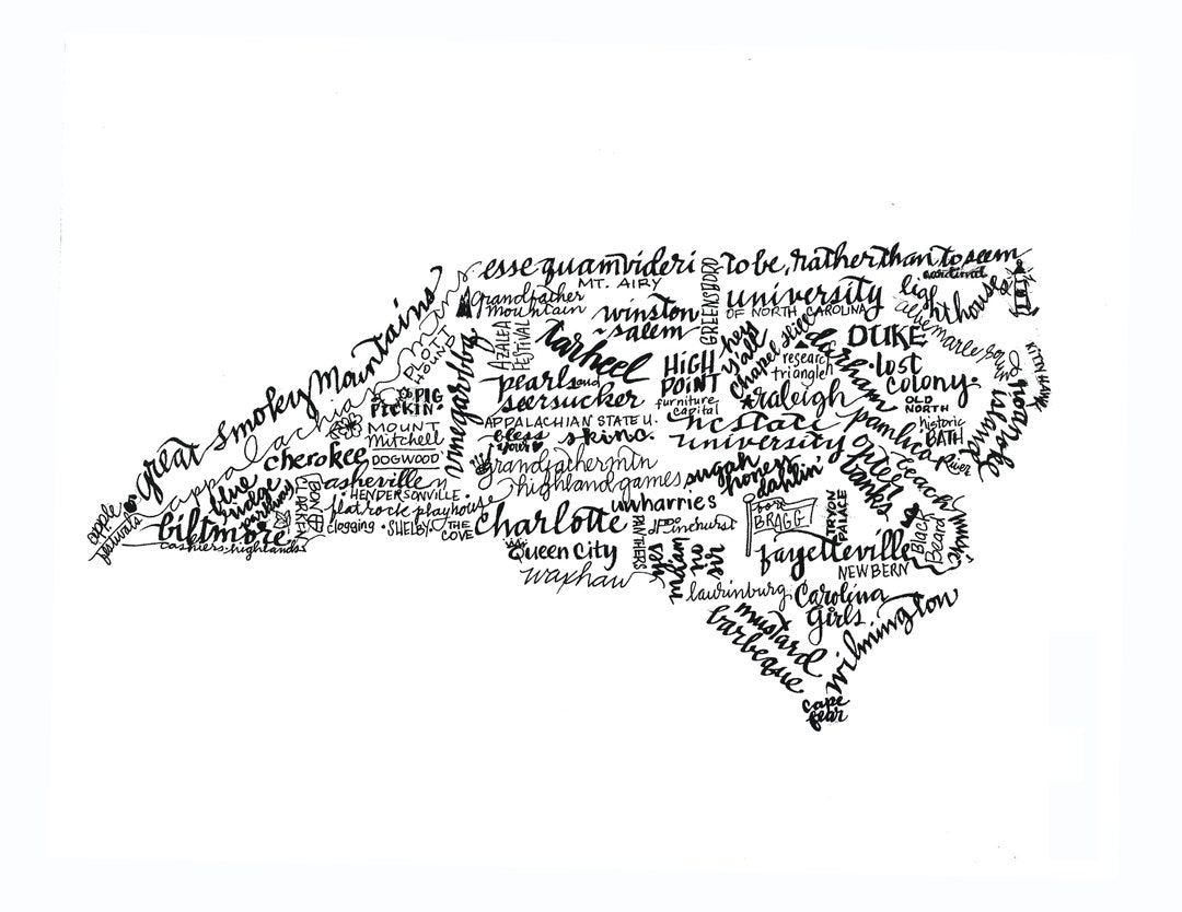 North Carolina Wall Art Hand-lettered Print Biltmore Charlotte Tar Heel ...