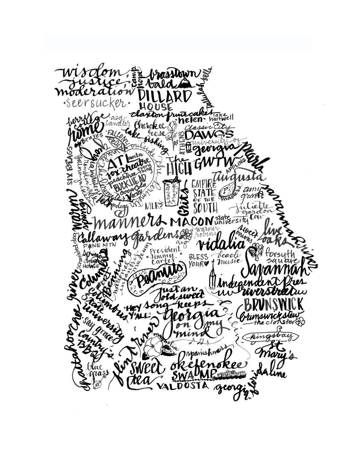 Georgia Words State Wall Art Print Calligraphy Hand-lettered | Etsy