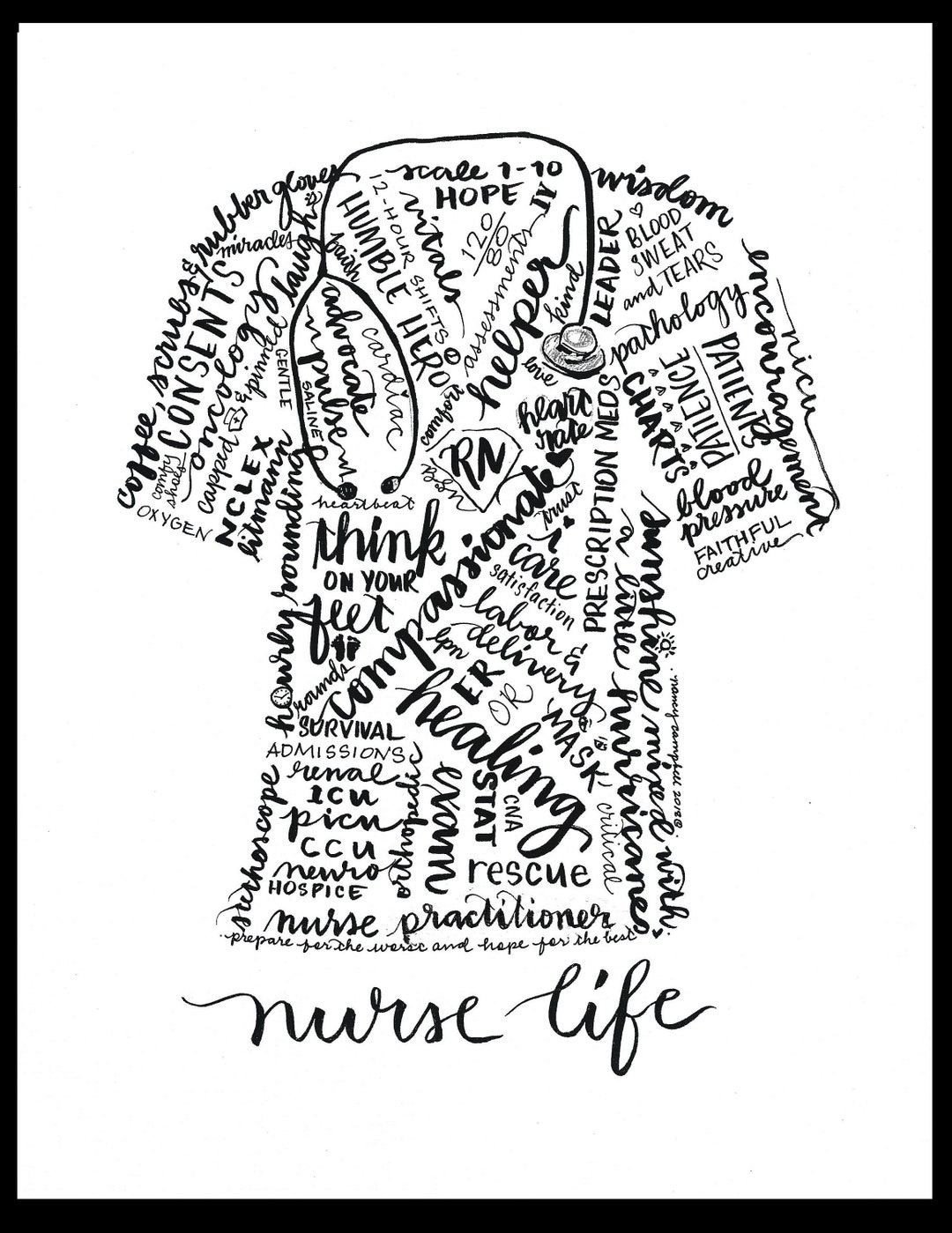 Nurse Handlettered Scrubs Wall Art Print Scrubs Coffee Stethoscope Icu ...