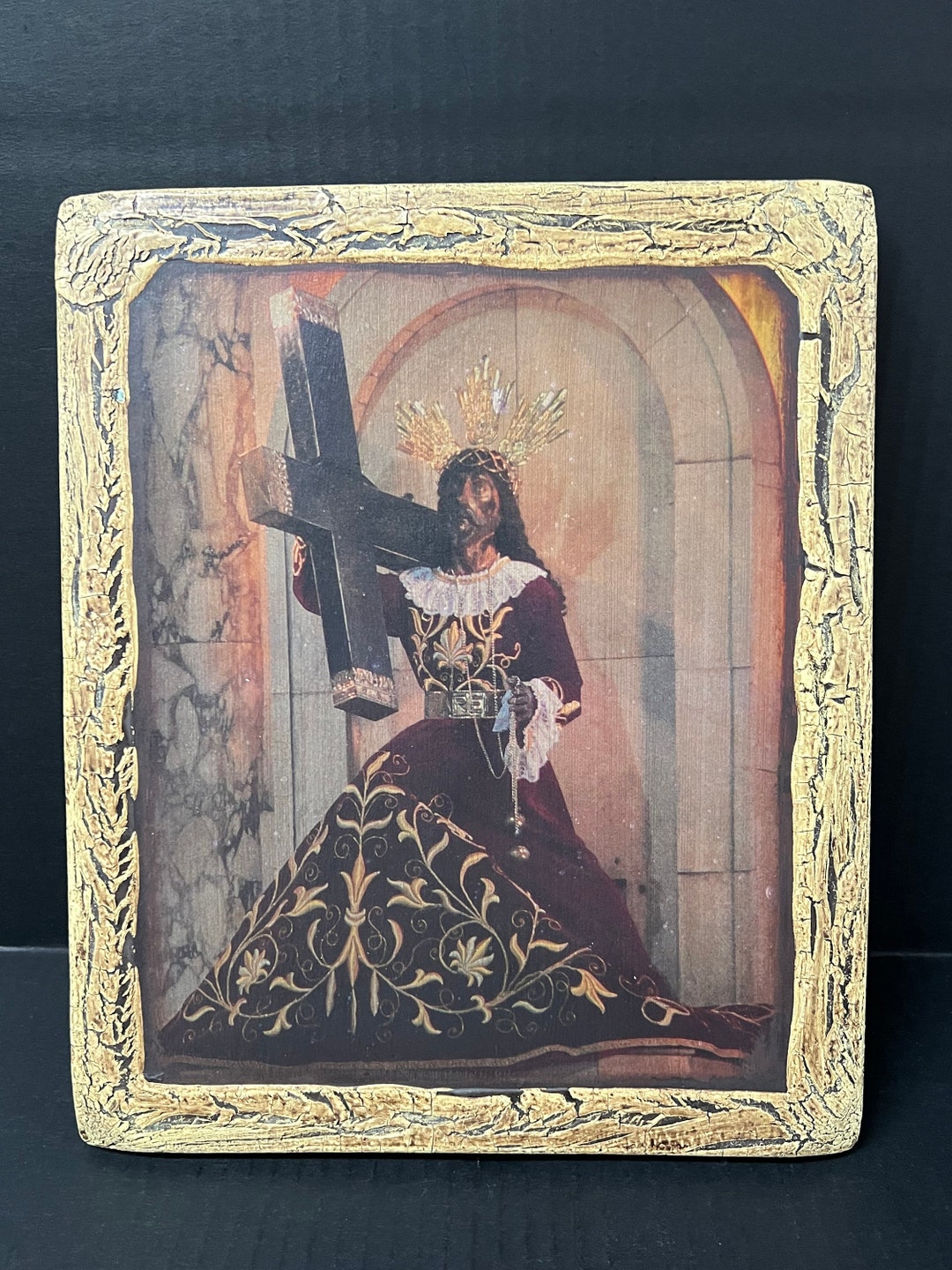Carved Wood and Printed Religious Philippine Icon of Saint Black ...