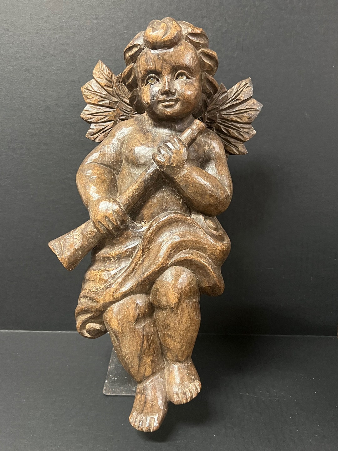 Carved Wood Religious Standing Angel Playing Flute Sculpture With Metal ...