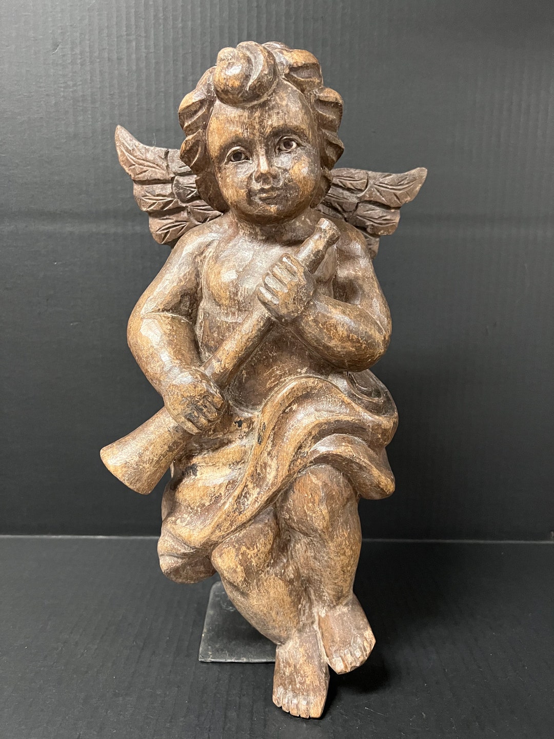 Carved Wood Religious Standing Angel Playing Flute Sculpture With Metal ...