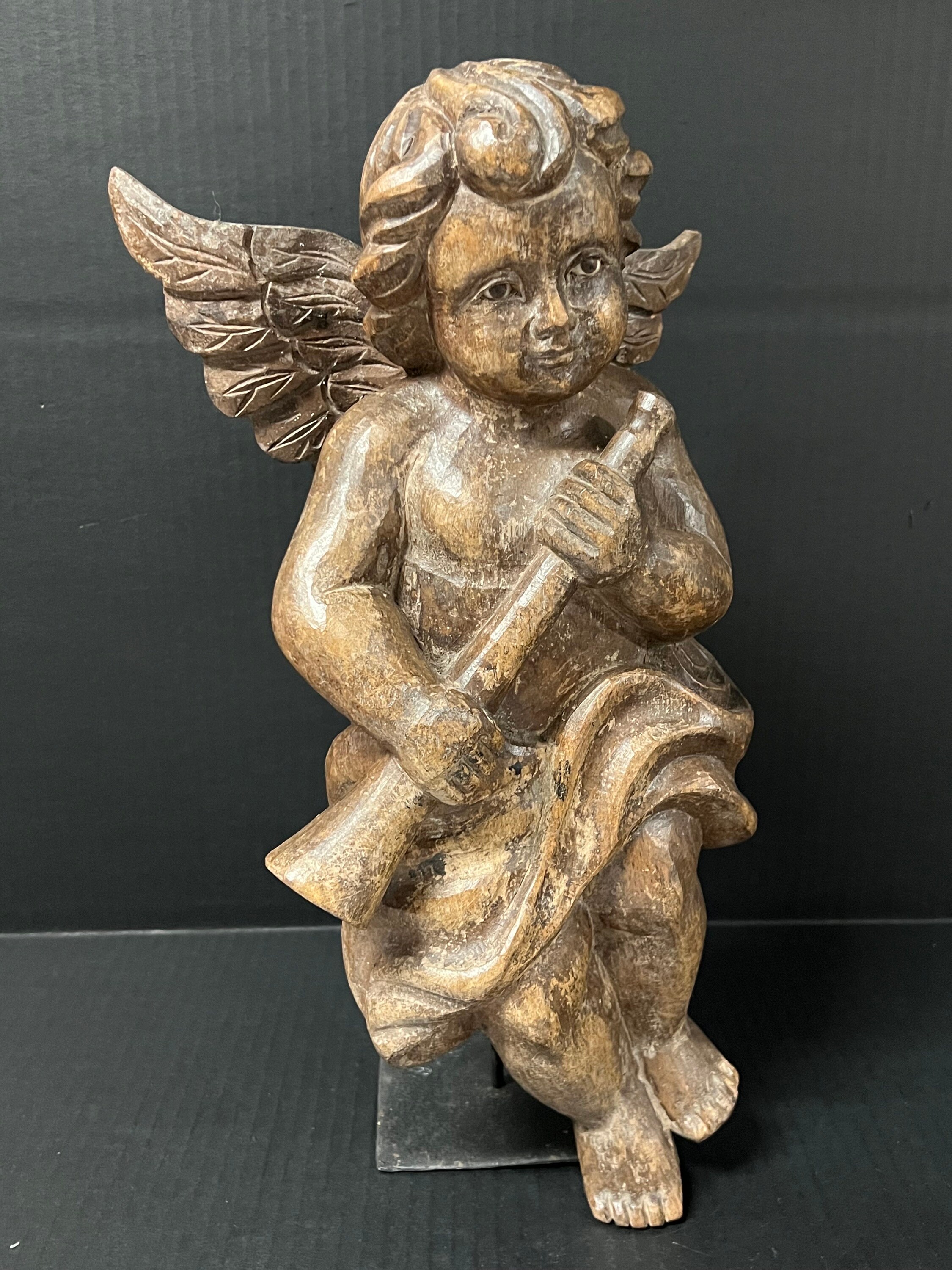 Carved Wood Religious Standing Angel Playing Flute Sculpture With Metal ...