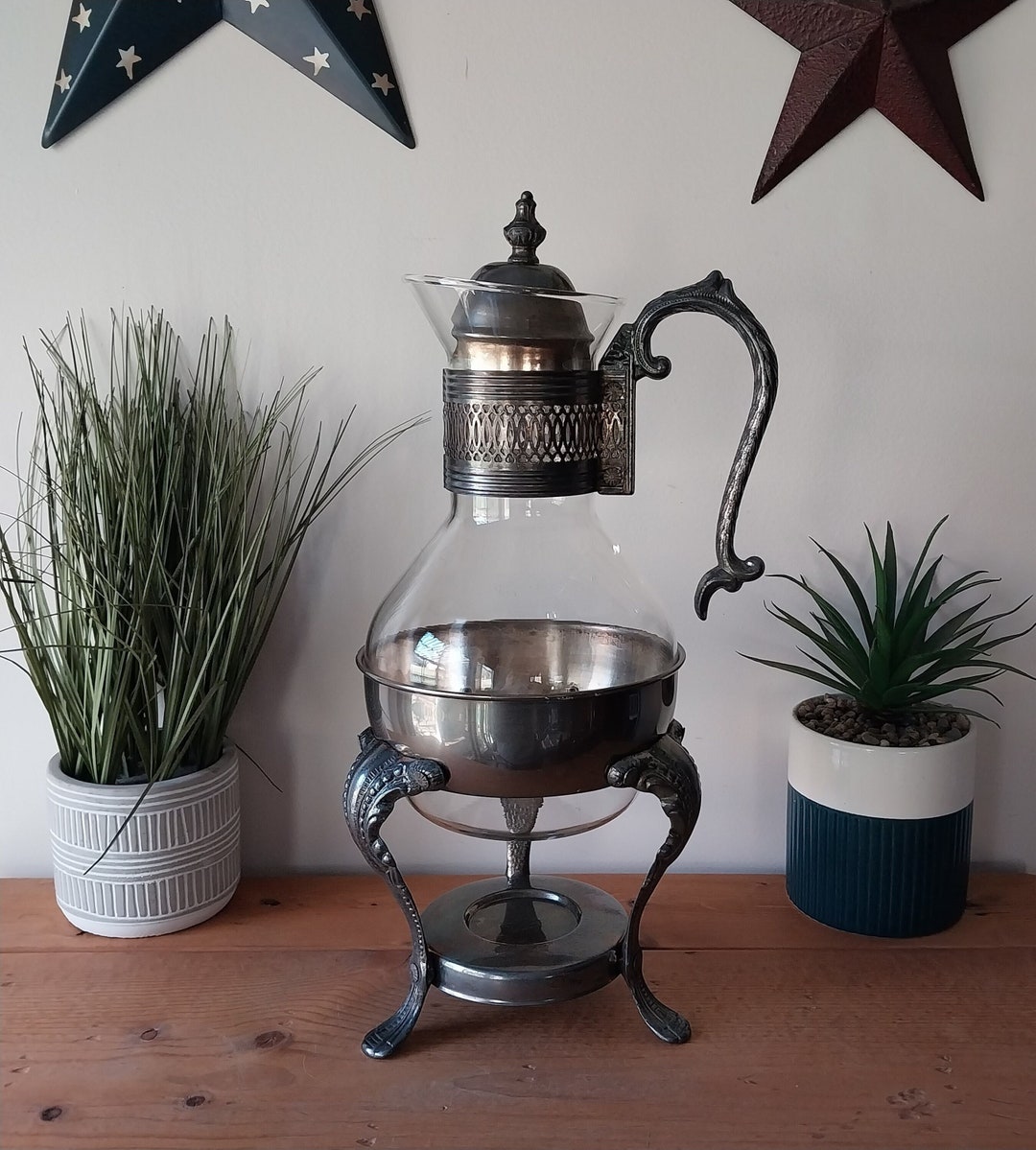 Vintage Silver Plated Glass Coffee Tea Carafe Pitcher W Matching Ornate ...