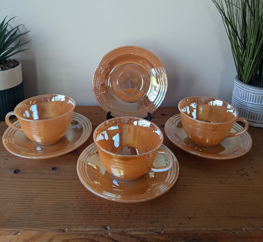 Vintage Fire King Peach Luster Set of 4 Mugs W Saucers / Vintage ...