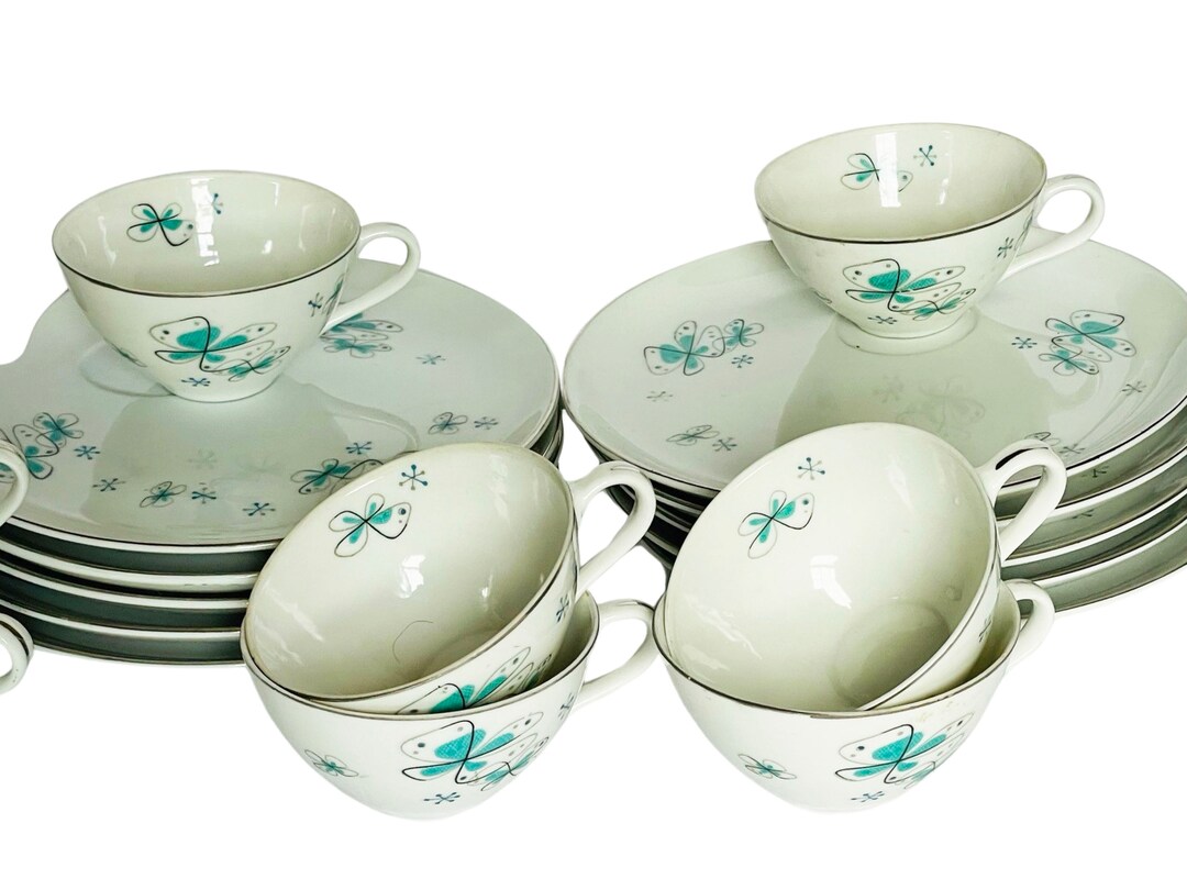 Vintage Shafford Maso Ware Atomic Aqua Butterfly Starburst Snack Sets ...
