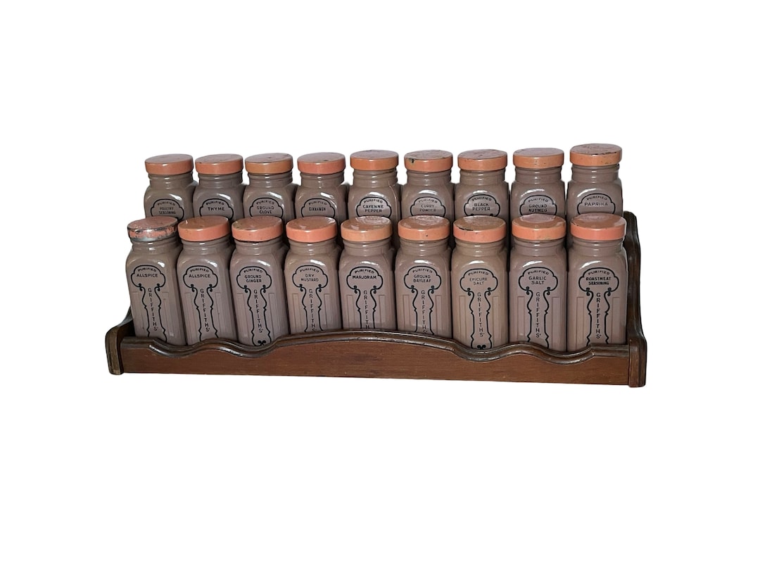 Griffith Lab Brown Milk Glass Spice Jar With Metal Wood Rack - Set of ...