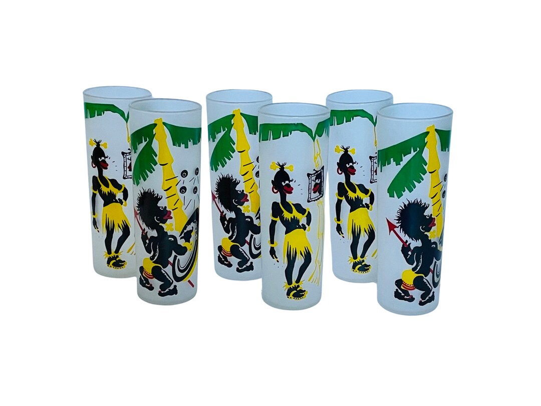 MCM Frosted Collins Polynesian Tribal Tiki Cocktail Glasses Federal ...