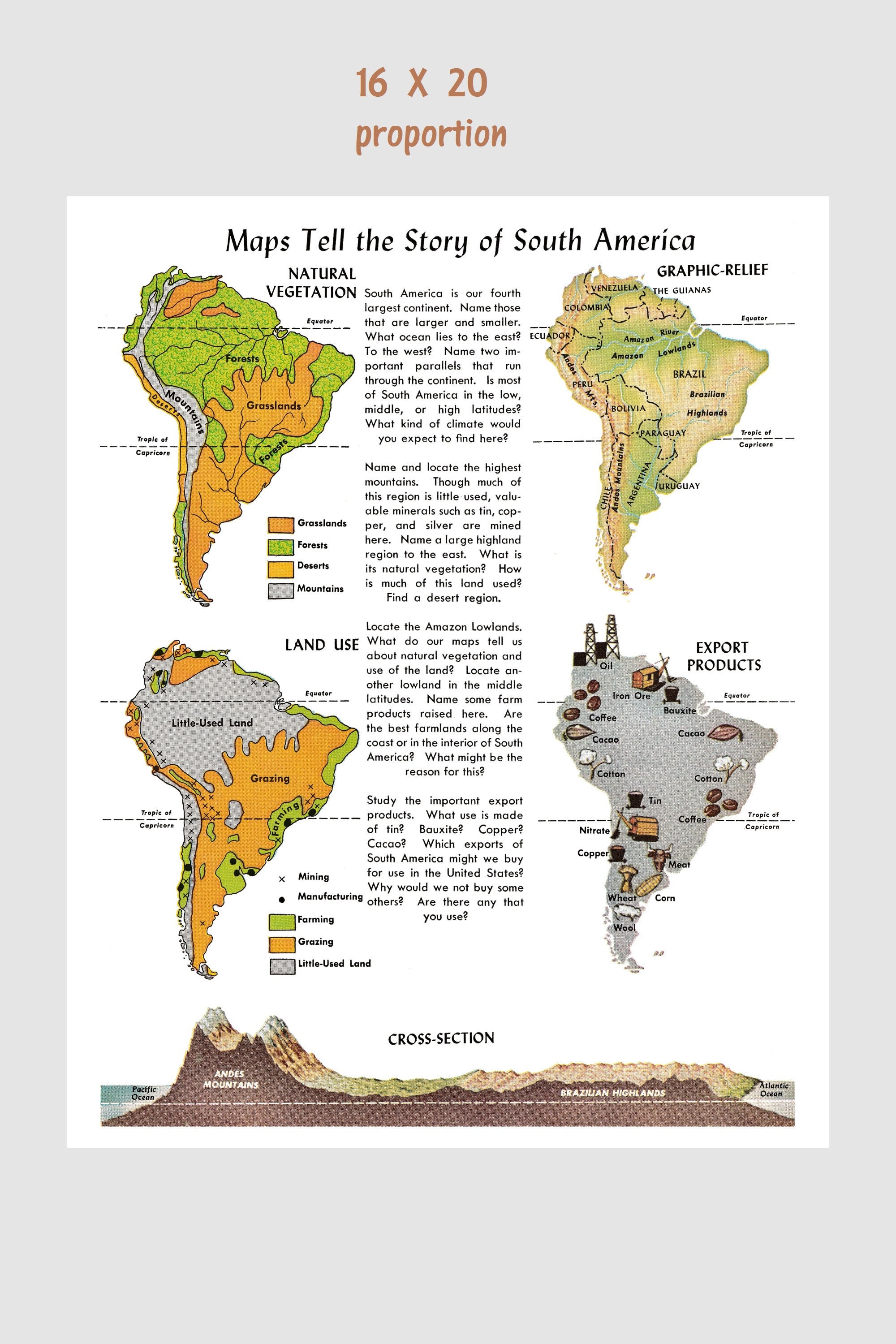 PRINTABLE Map of South America's Natural Vegetation, Terrain & Land Use ...