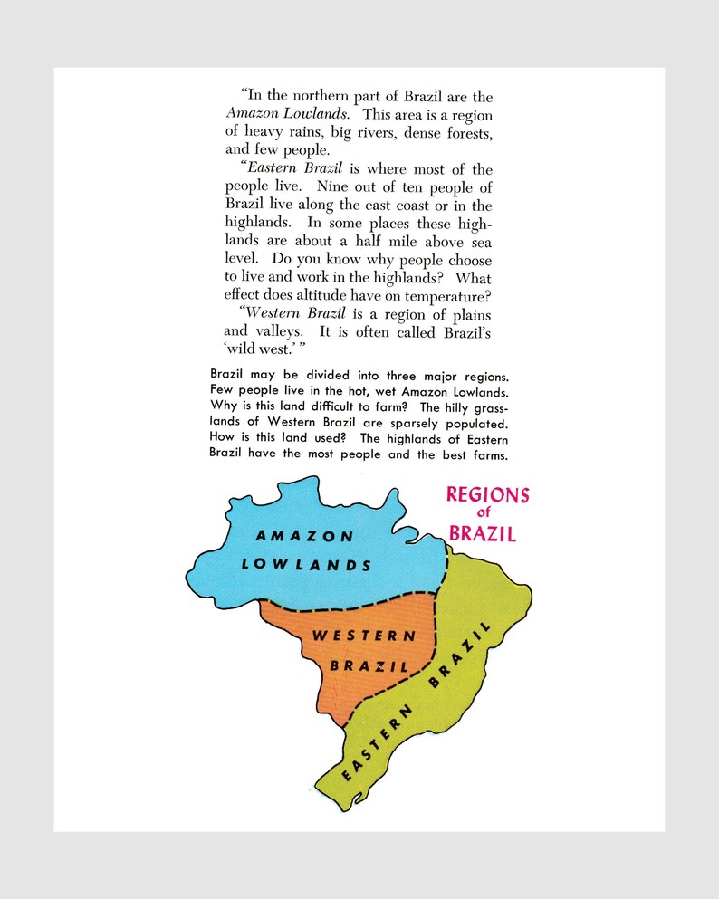 DOWNLOADABLE Classroom Terrain Map of BRAZIL Vintage Geography Poster ...