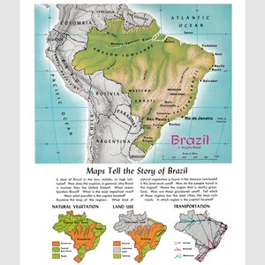 DOWNLOADABLE Classroom Terrain Map of BRAZIL- Vintage Geography Poster ...