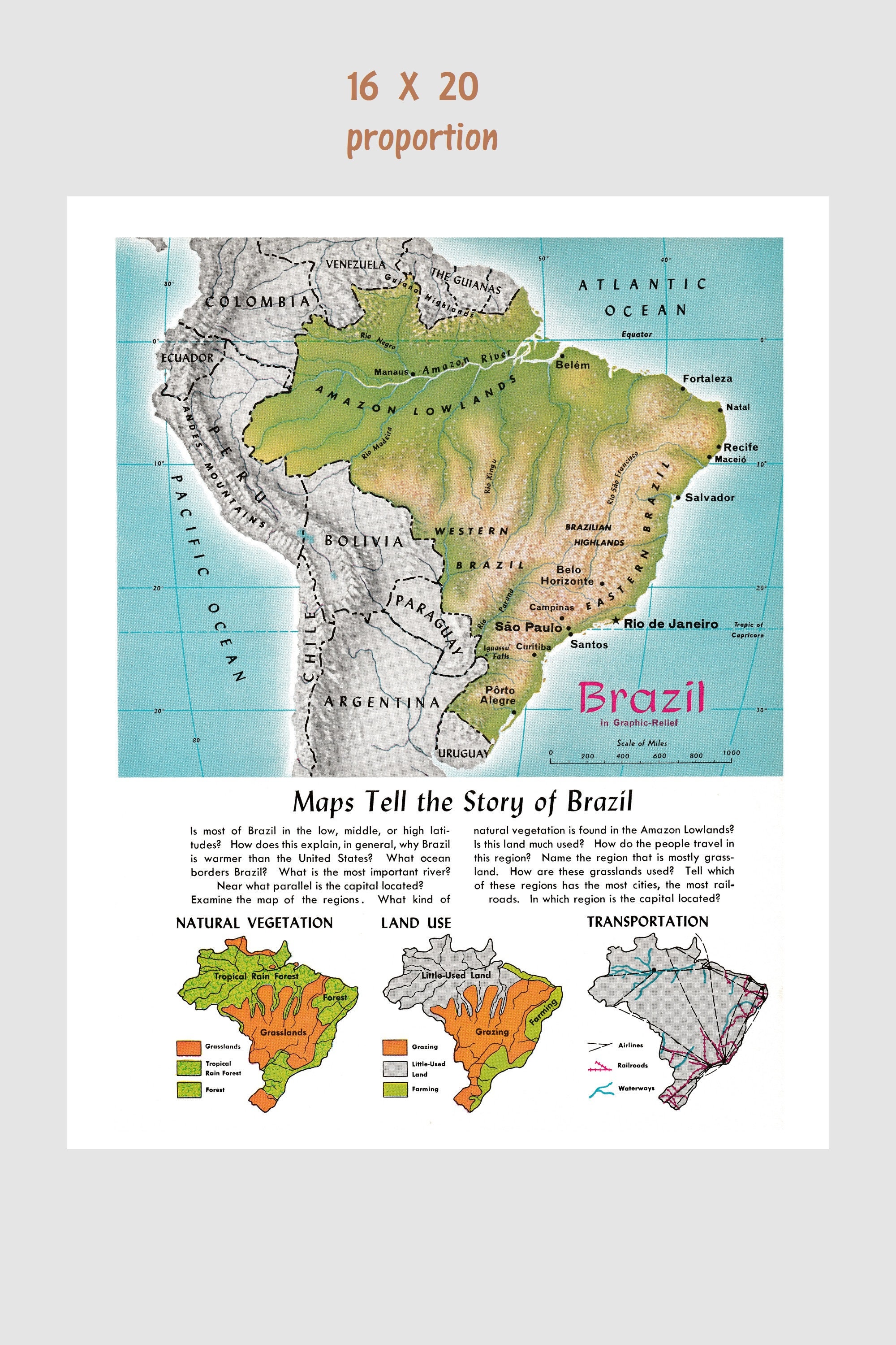 DOWNLOADABLE Classroom Terrain Map of BRAZIL Vintage Geography Poster ...
