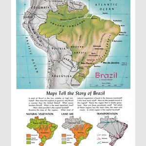 DOWNLOADABLE Classroom Terrain Map of BRAZIL- Vintage Geography Poster ...