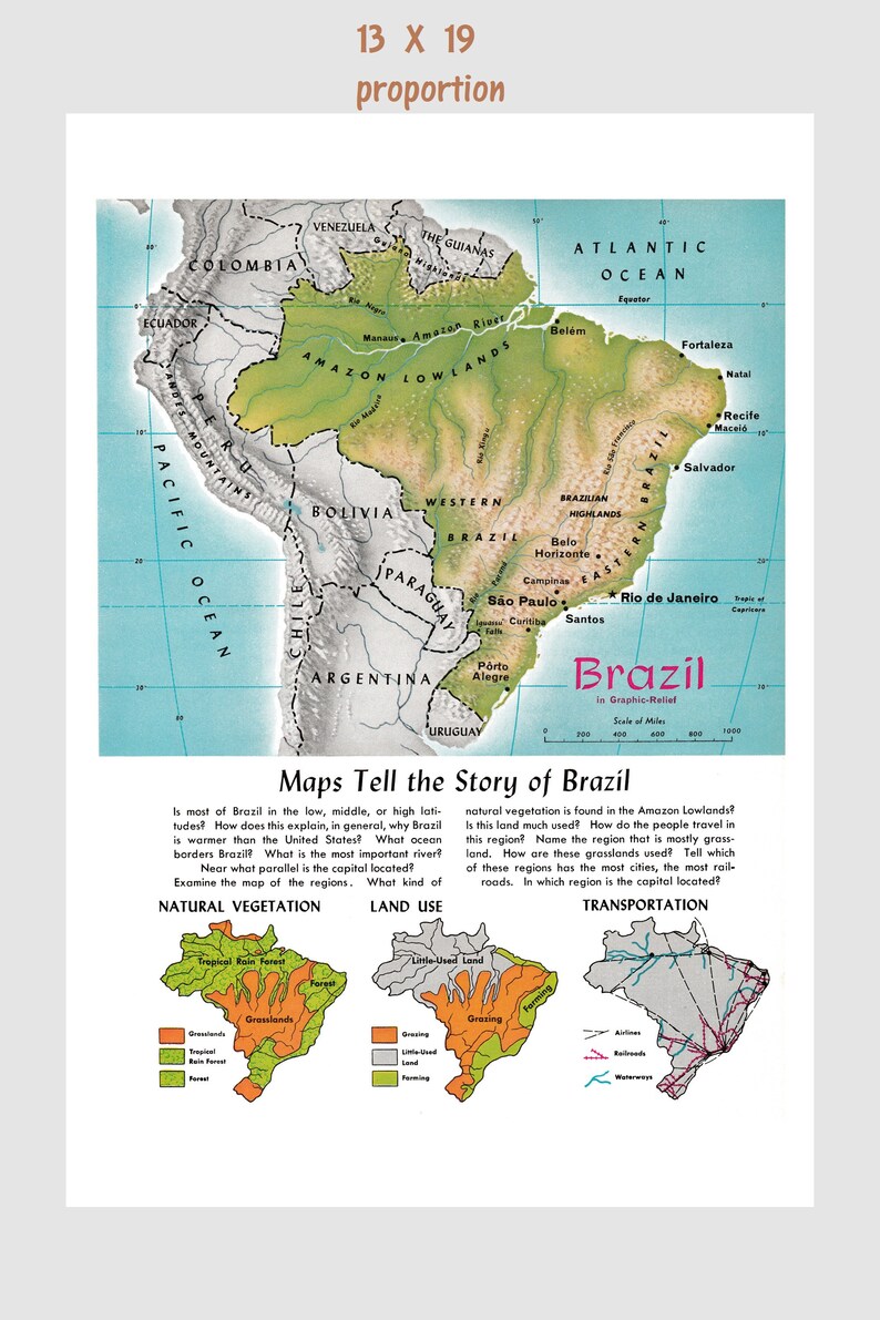 DOWNLOADABLE Classroom Terrain Map of BRAZIL Vintage Geography Poster ...
