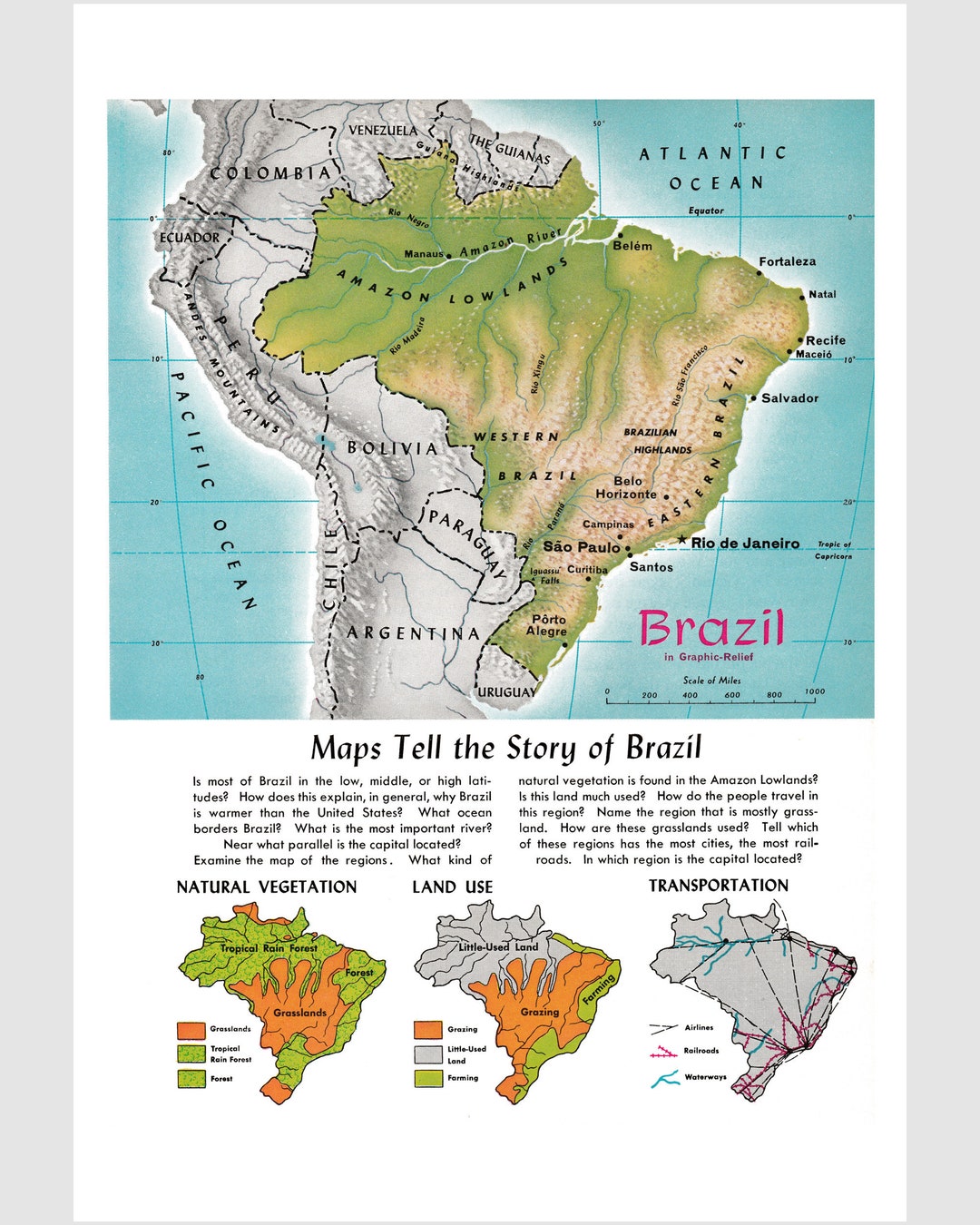 DOWNLOADABLE Classroom Terrain Map of BRAZIL- Vintage Geography Poster ...